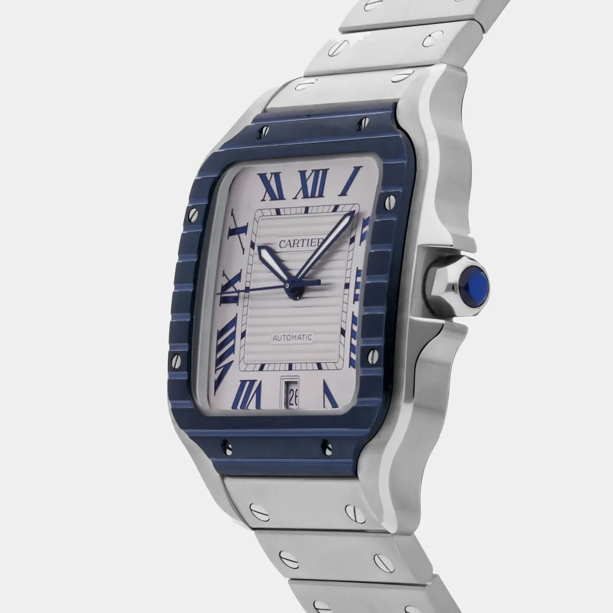 Cartier Santos Silver Case With Blue Bezel - Santos de Cartier